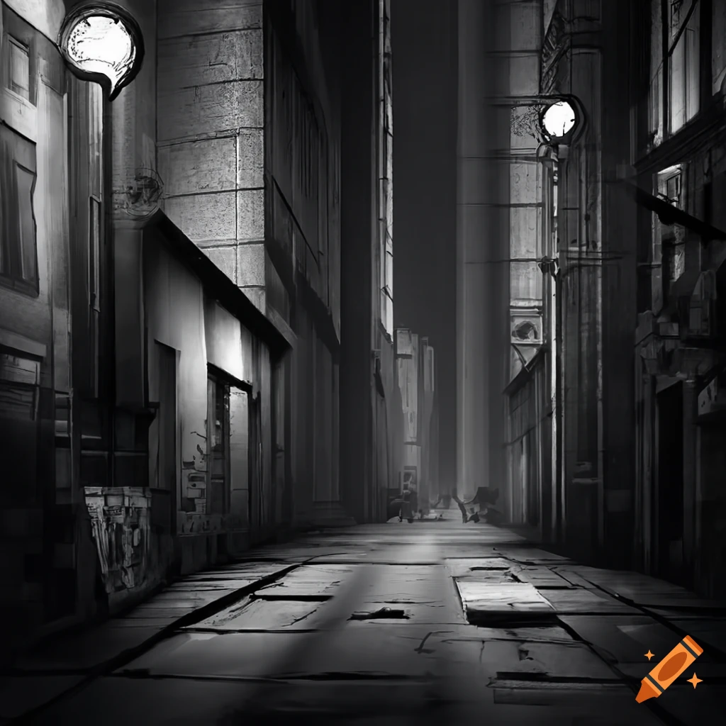 Futuristic gotham alleyway backstreet in greyscale
