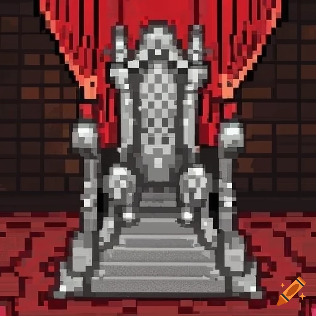 Silver medieval king's throne with red curtain in pixel art style on Craiyon
