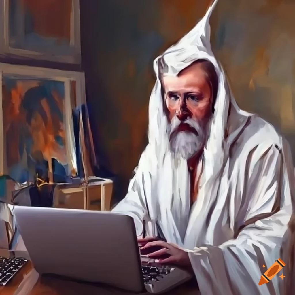 Wizard in white robes using a computer in a mystical room on Craiyon