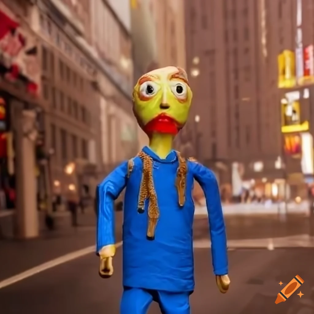 Latex puppet walking in times square feeling sad on Craiyon