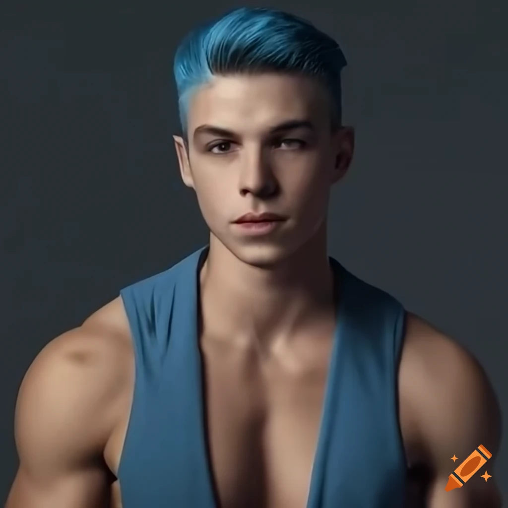 Muscular handsome man with dark blue hair and clean shaven skin on Craiyon
