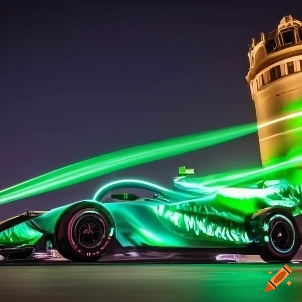 Metallic green 2023 formula 1 car with light painting at night on Craiyon
