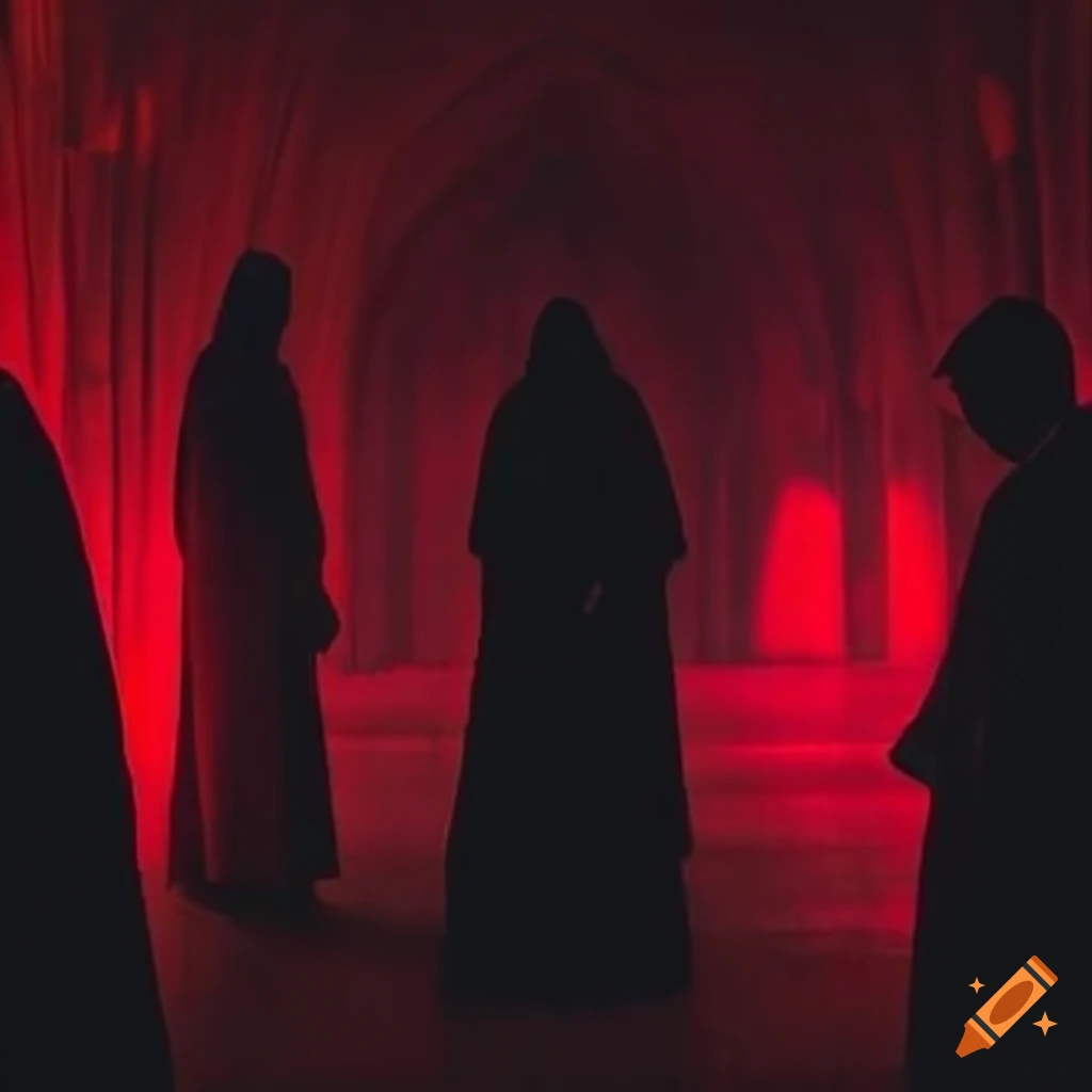 People in dark robes gathering in a hall lit by red fire for worship on ...