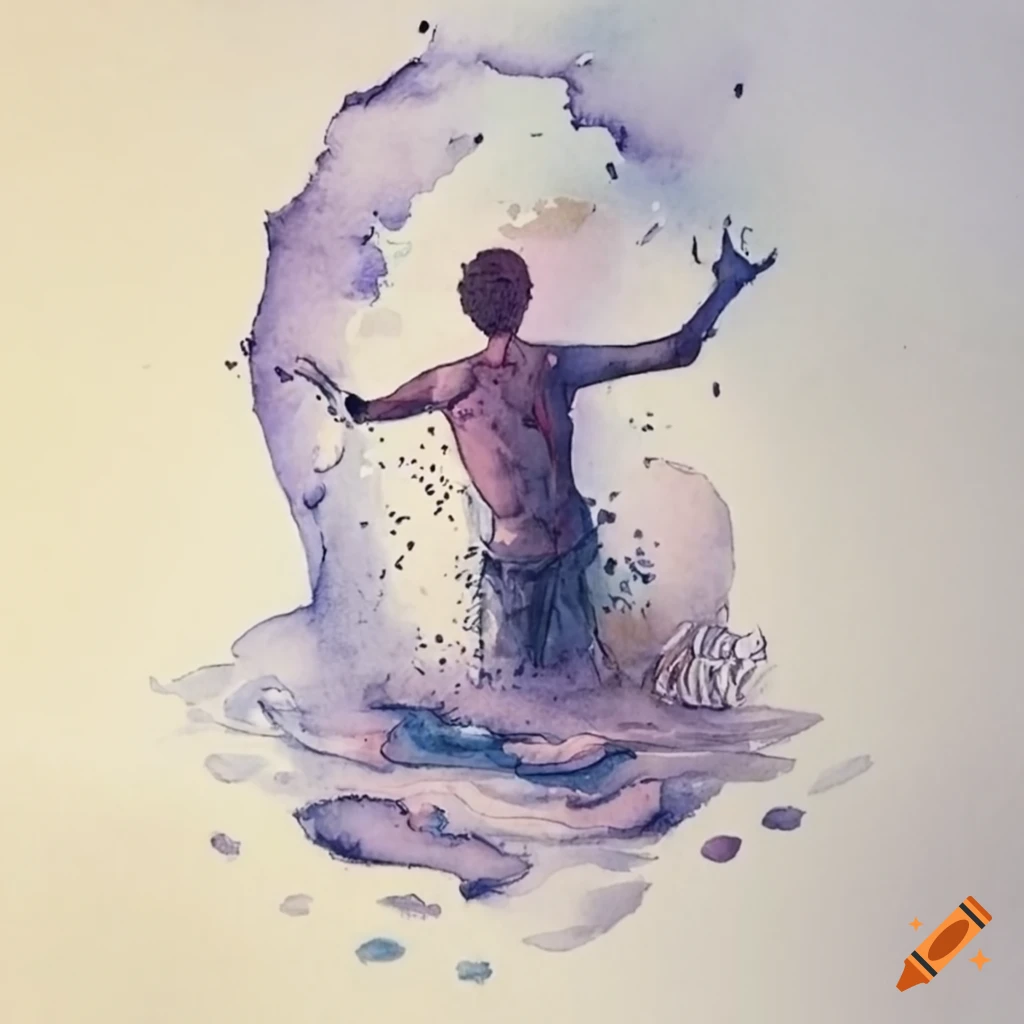 Person sinking into the ground in an abstract watercolor painting