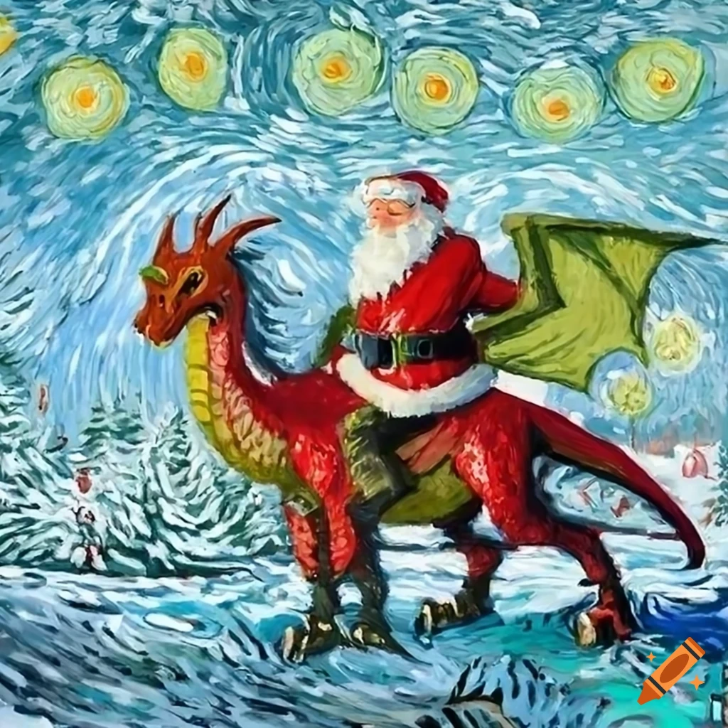 Santa claus riding a dragon with a christmas tree in the snow, van gogh ...