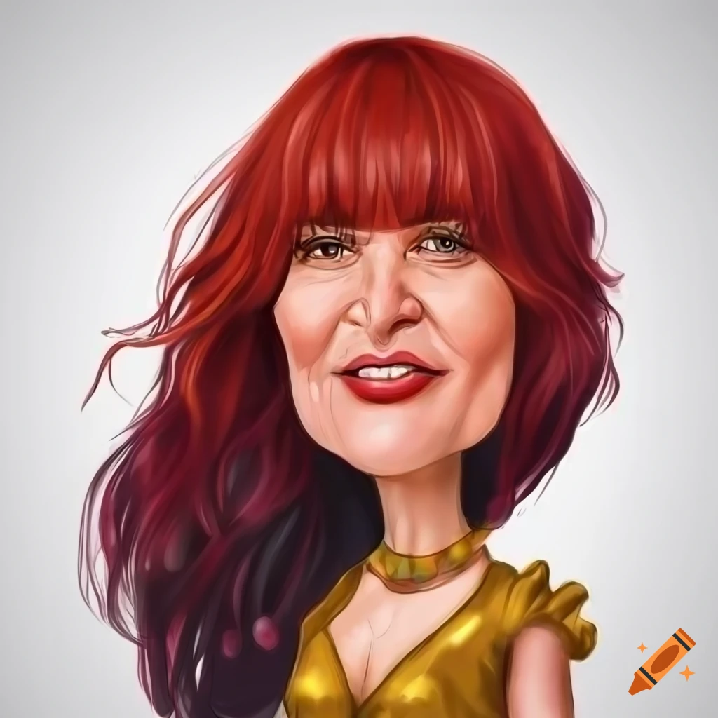 Caricature of a smiling older lady with dark red hair in a golden dress ...