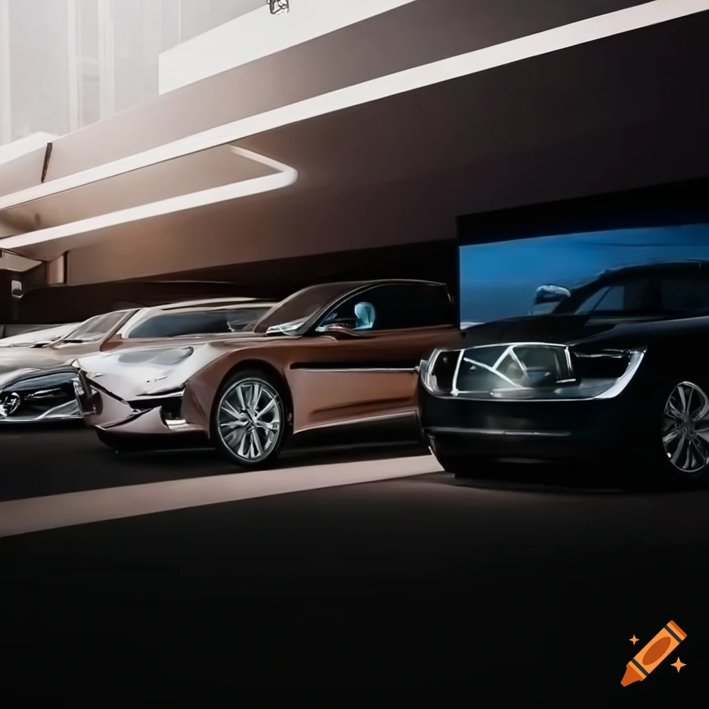 Six luxury cars parked at a high-end dealership showroom on Craiyon