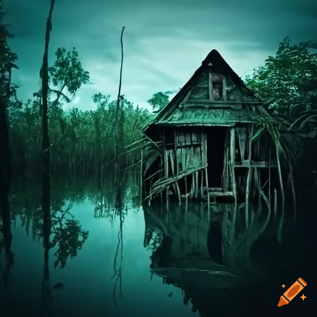 Eerie swamp shack with blues musician on the porch on Craiyon
