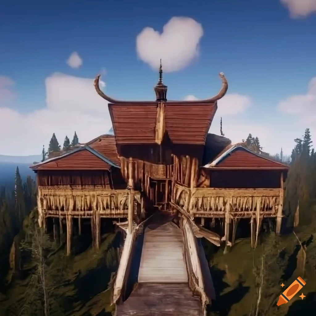 Etruscan-Hittite-Viking wooden temple in taiga forest with mountains ...