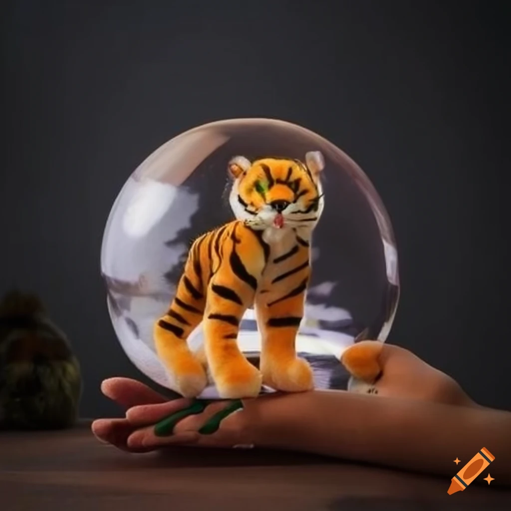Cuddly plush tiger toy next to a large crystal ball on Craiyon