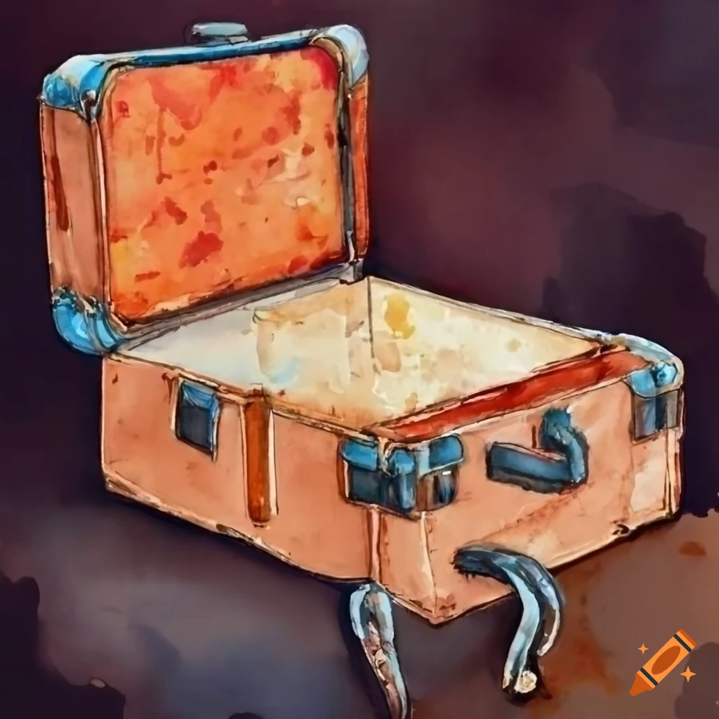 Old open suitcase watercolor painting
