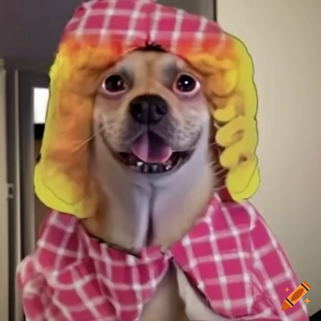 Dog wearing baddie filter with pop-star costume and wig on Craiyon