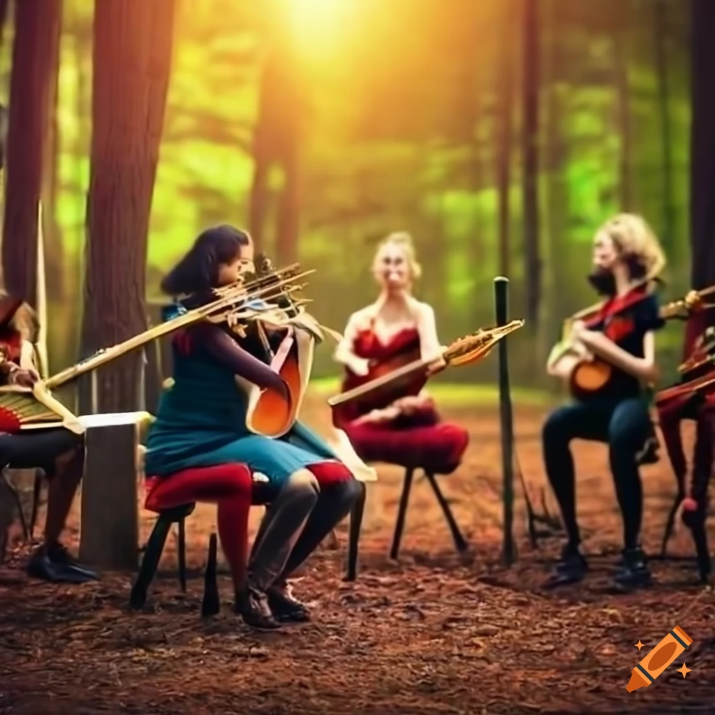 Group of musicians playing in a forest on Craiyon
