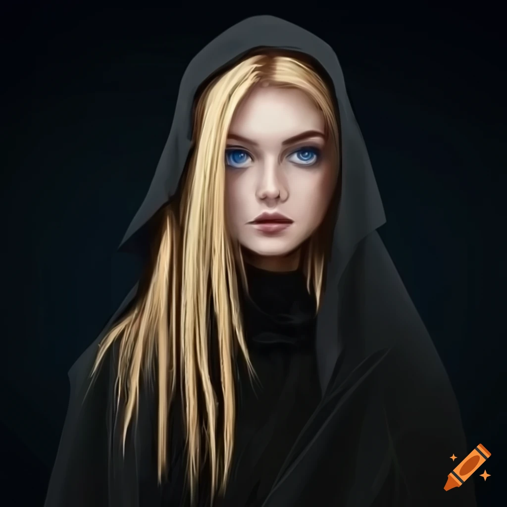 Woman with blue eyes and long blonde hair in a black hooded cloak on ...