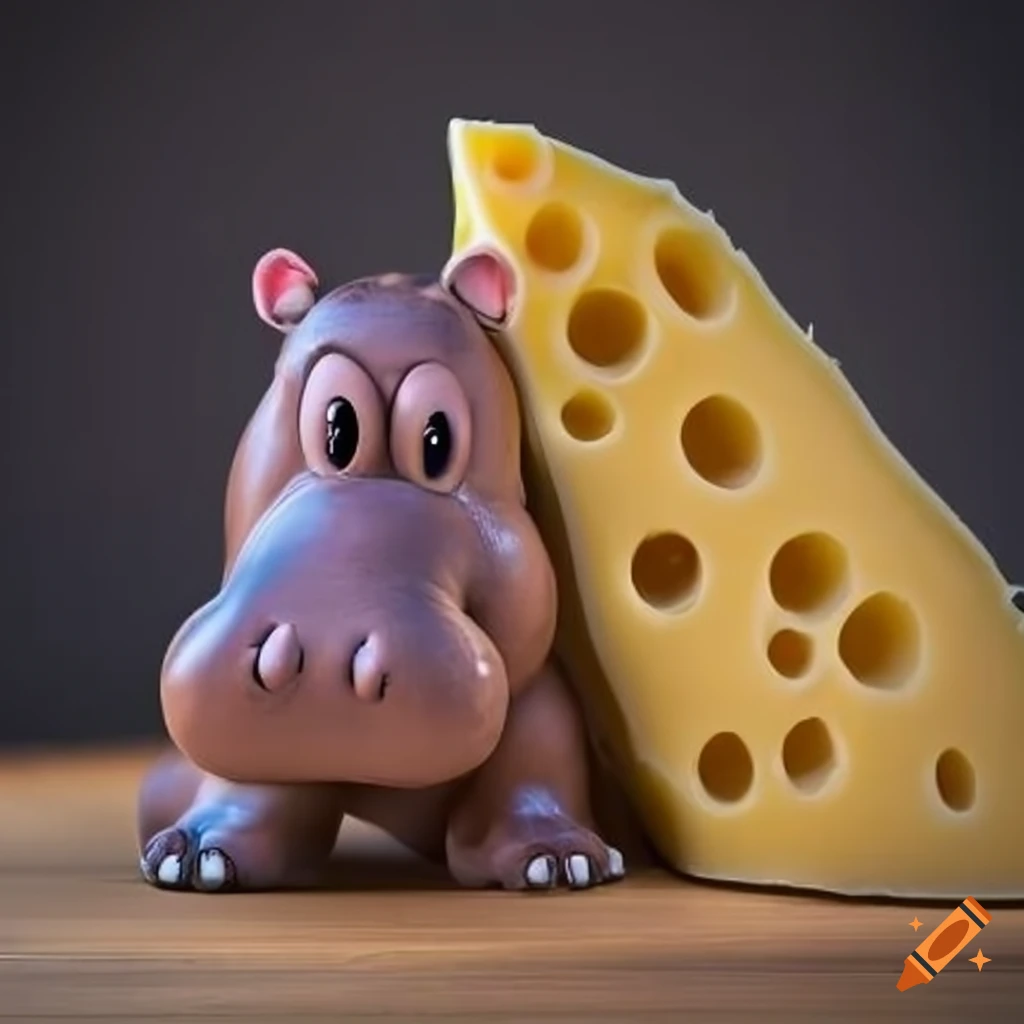 Cartoonish hippo made of Swiss cheese on Craiyon