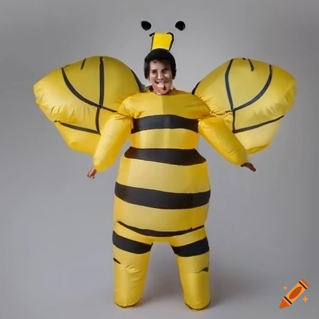 Person wearing an inflatable bee costume and smiling