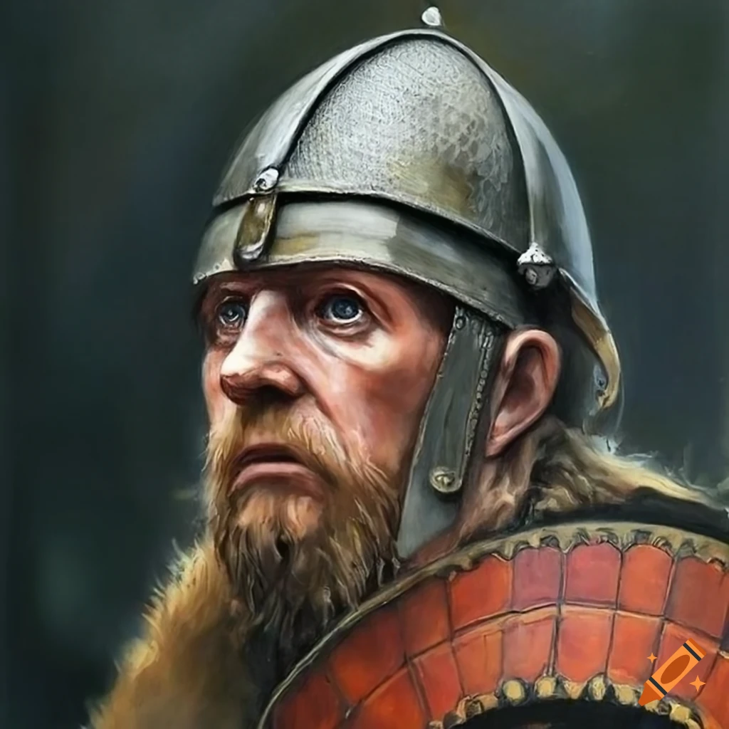Highly detailed closeup acrylic painting of an intense anglo saxon ...