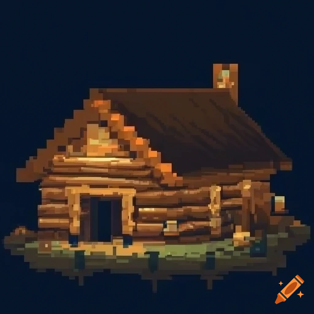 Pixel art of a log cabin in the woods on Craiyon