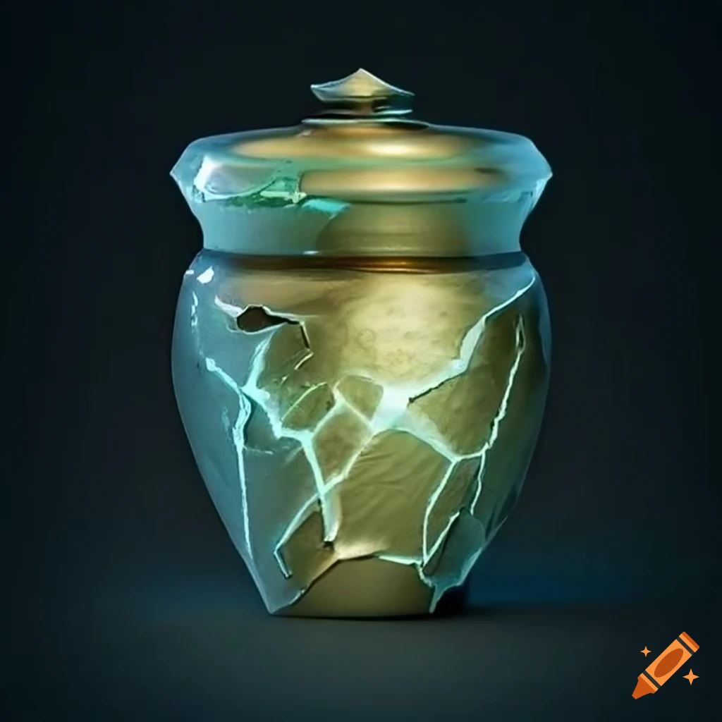 Cracked cremation urn with glowing cracks