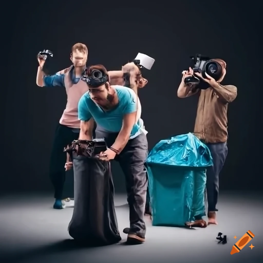 Photographers capturing a garbage man in a photo studio