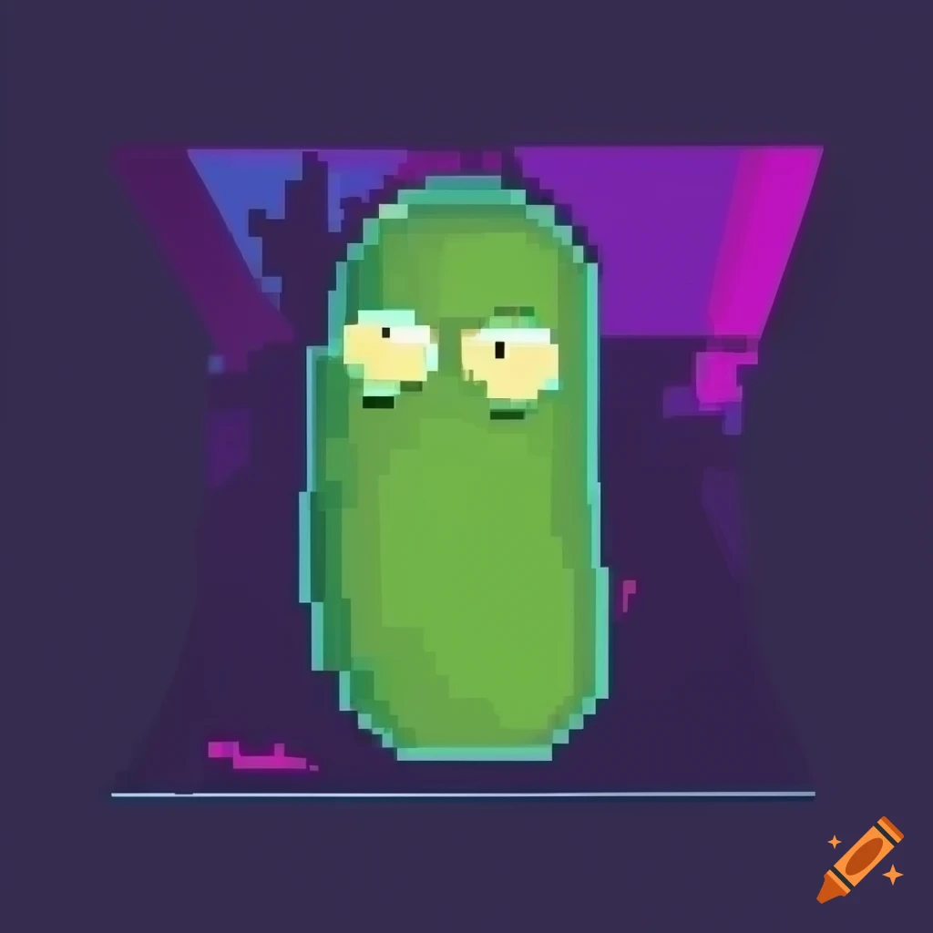 Minimalist synthwave video game poster with 8-bit style and pickle rick ...