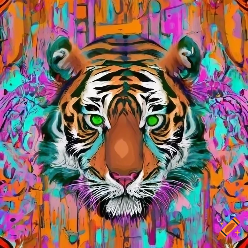 Graffiti style repeat tiger head pattern with vibrant colors on Craiyon