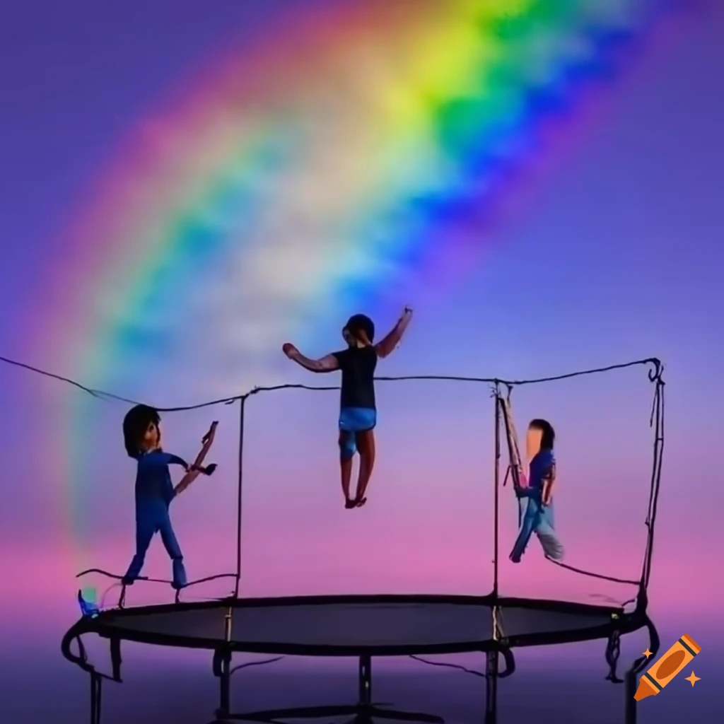 Family enjoying a rainbow sky on a trampoline