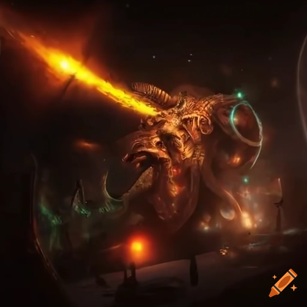 Alien creatures fighting with lasers and explosions in a steampunk ...