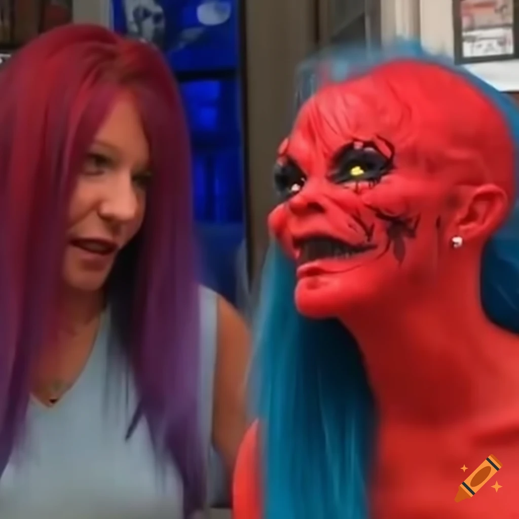 Blue karen confronting a red demon baddie at a store on Craiyon