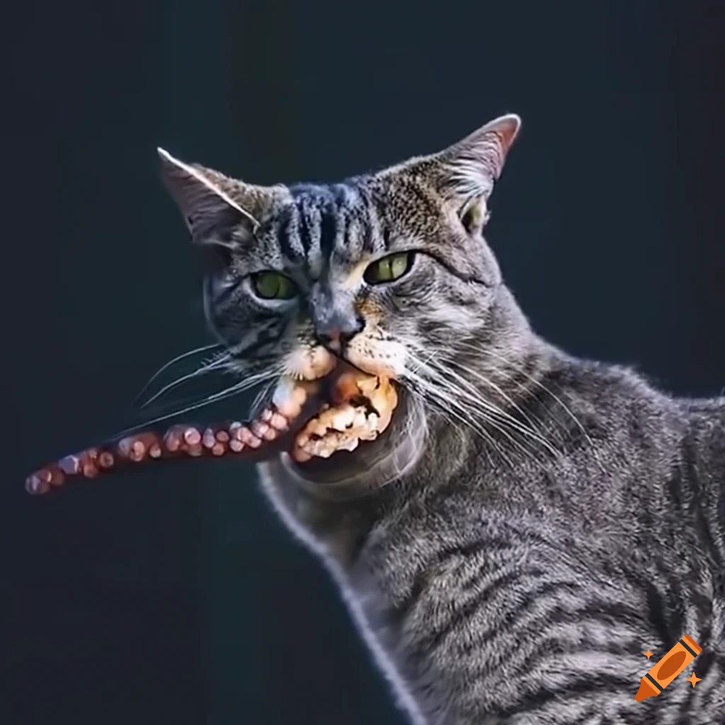 Gray cat eating octopus leg on skyscraper roof on Craiyon
