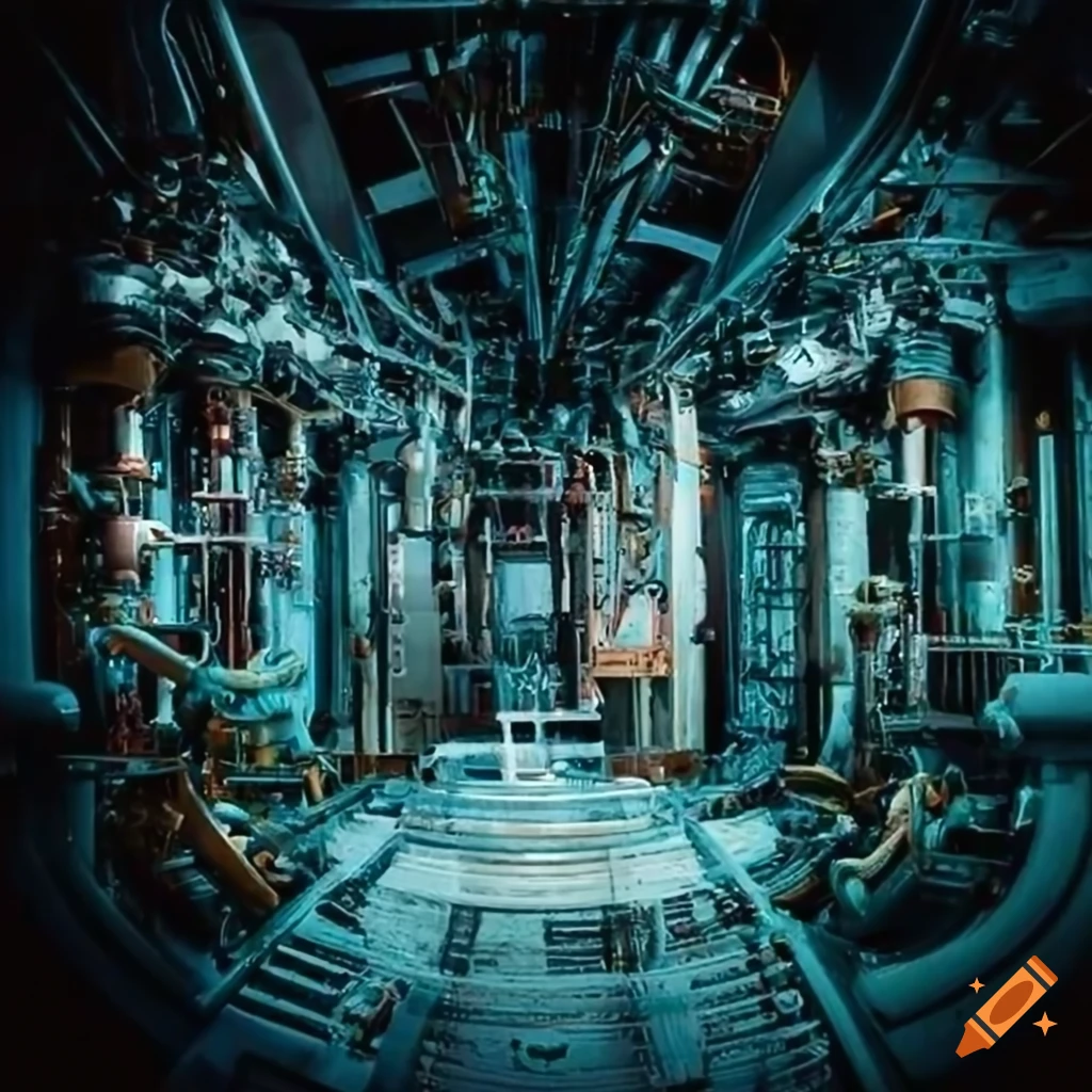 Machine room in a large cruise ship with motors, pipes, and cables on ...