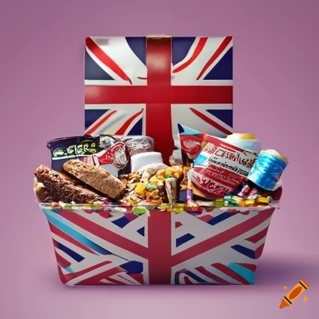 Selection of treats and snacks with a British theme on Craiyon