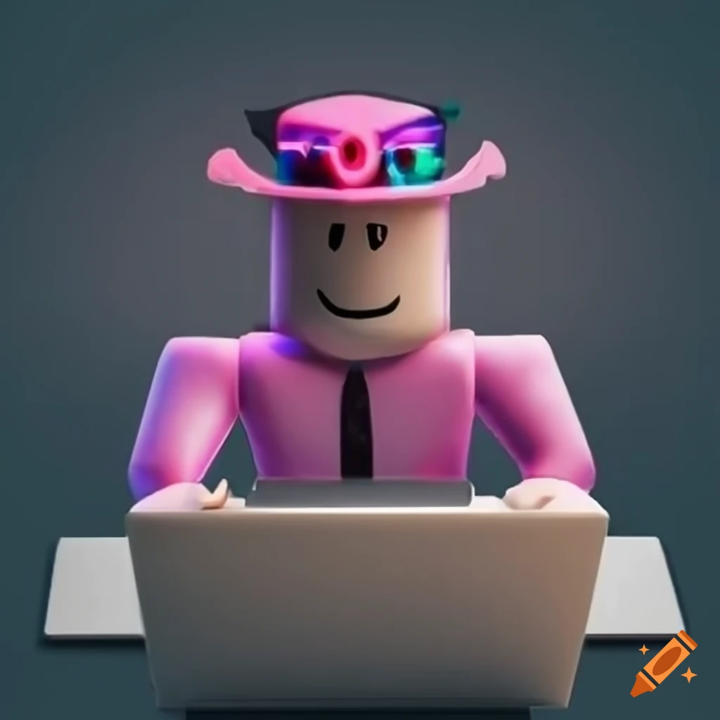 Roblox character typing on a laptop from the front perspective on Craiyon