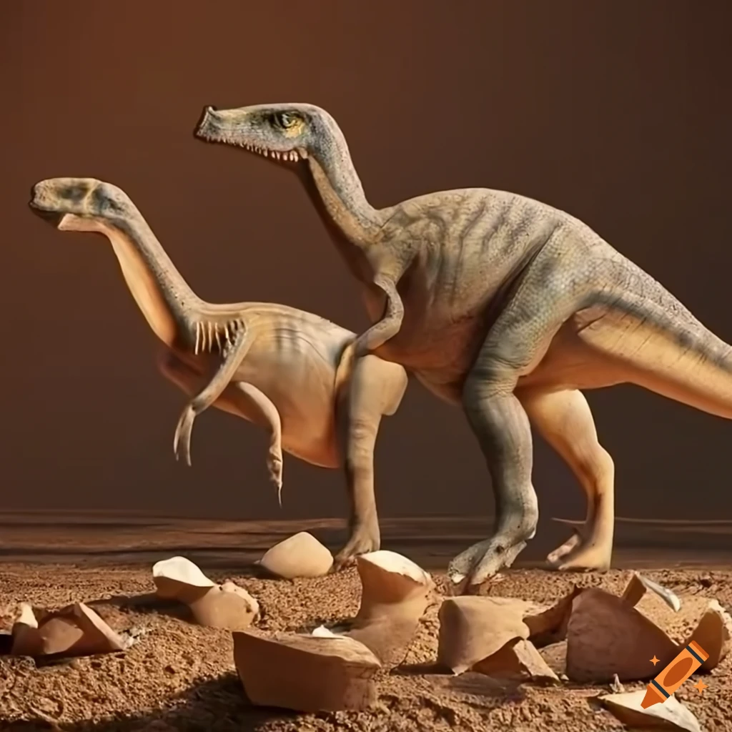 Baby hadrosaur dinosaurs emerging from eggshells in sandy ground with ...