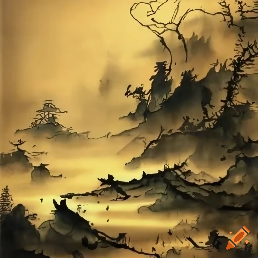 Chinese ink painting of an ancient forest clearing after battle