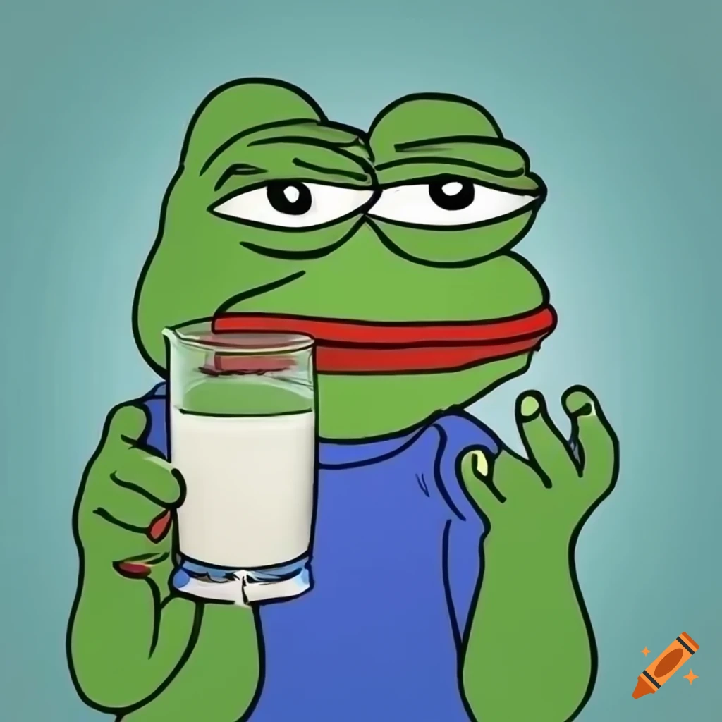 Friendly pepe enjoying a glass of milk with the word tia on Craiyon