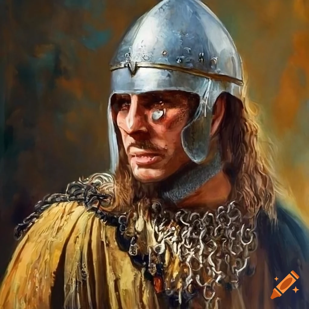 Highly detailed hyperrealistic acrylic painting of a fierce anglo saxon ...