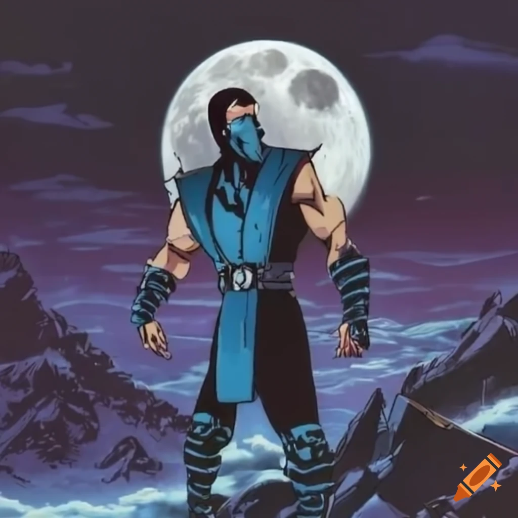 Vintage ova scene of sub-zero battling in front of the moon