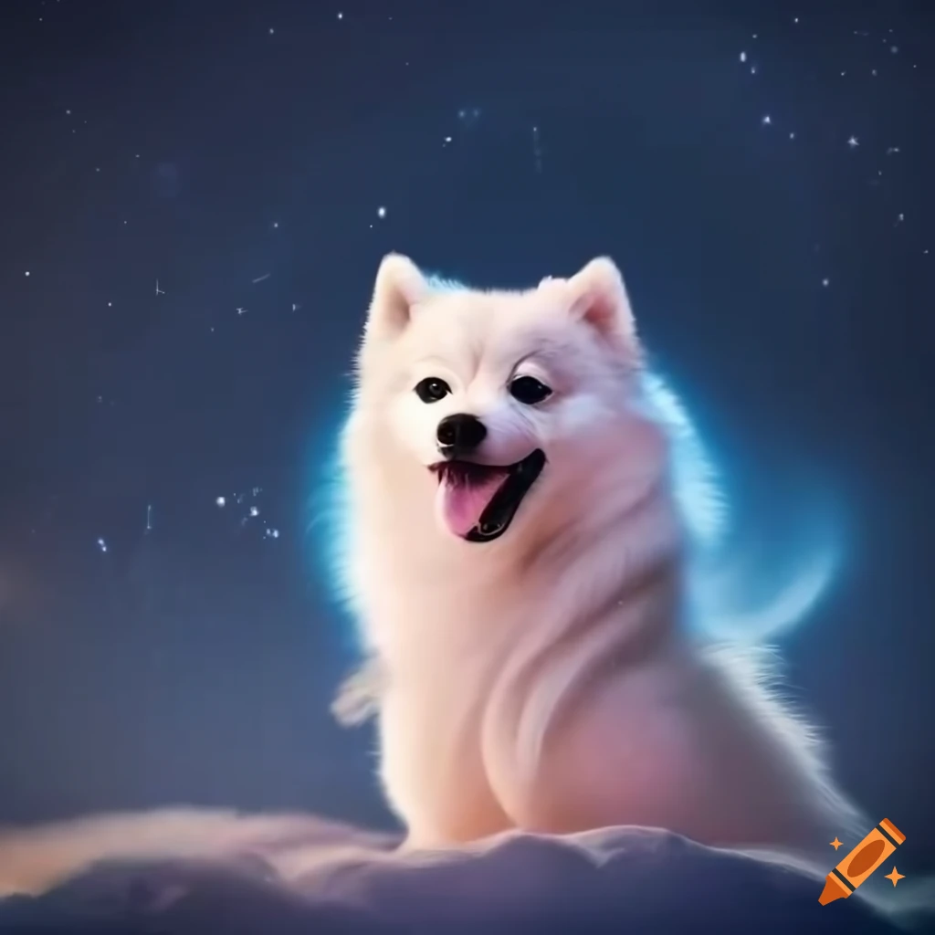 Snow white pomsky frolicking on a winter beach under a swirling galaxy ...