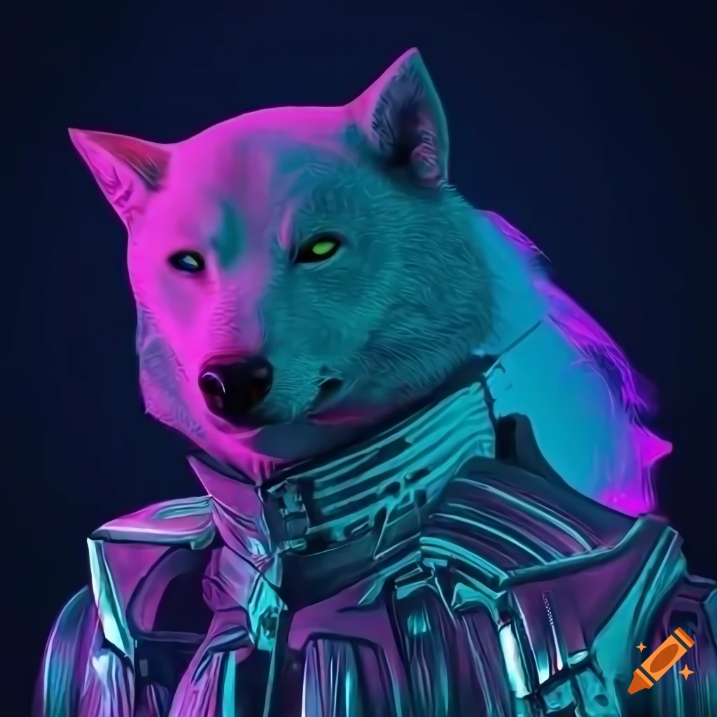 Futuristic cybernetic wolf with stylish hair and jacket on vibrant ...