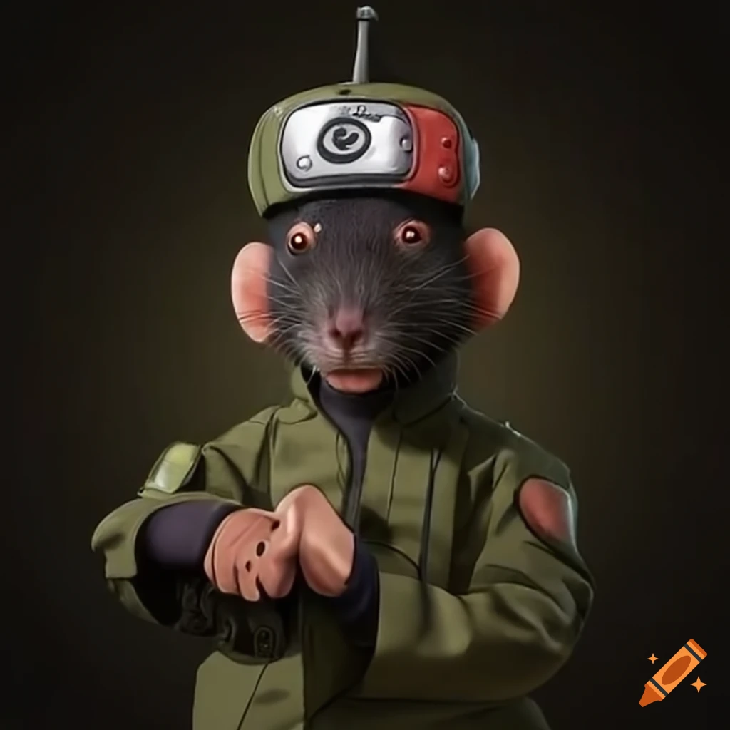 Rat in naruto costume with a land mobile radio