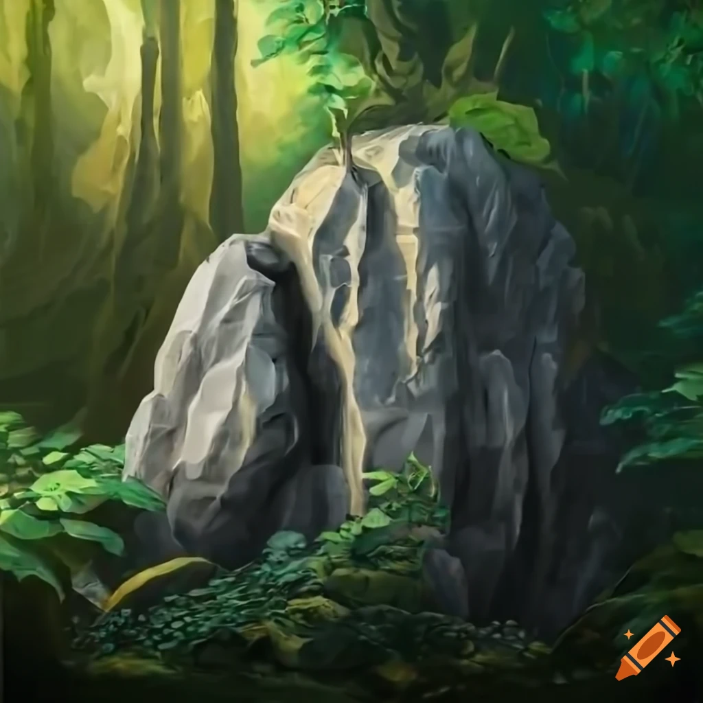 Gigantic shiny gray rock in a sunny jungle in 3D rendering on Craiyon