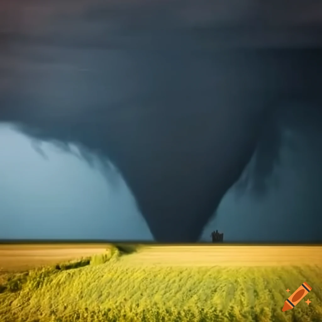 Wide tornado over fields with low storm base on Craiyon