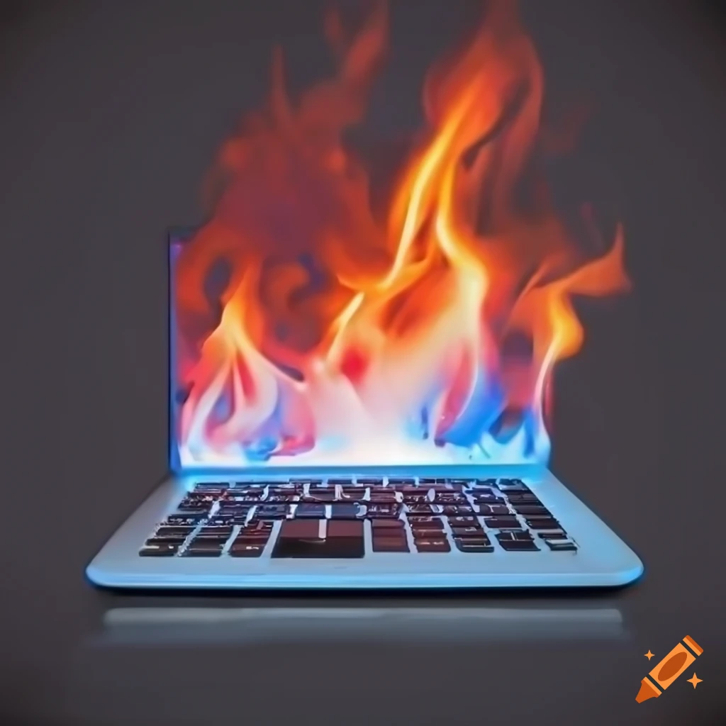 Laptop screen emitting blue, white, and red fire on black background