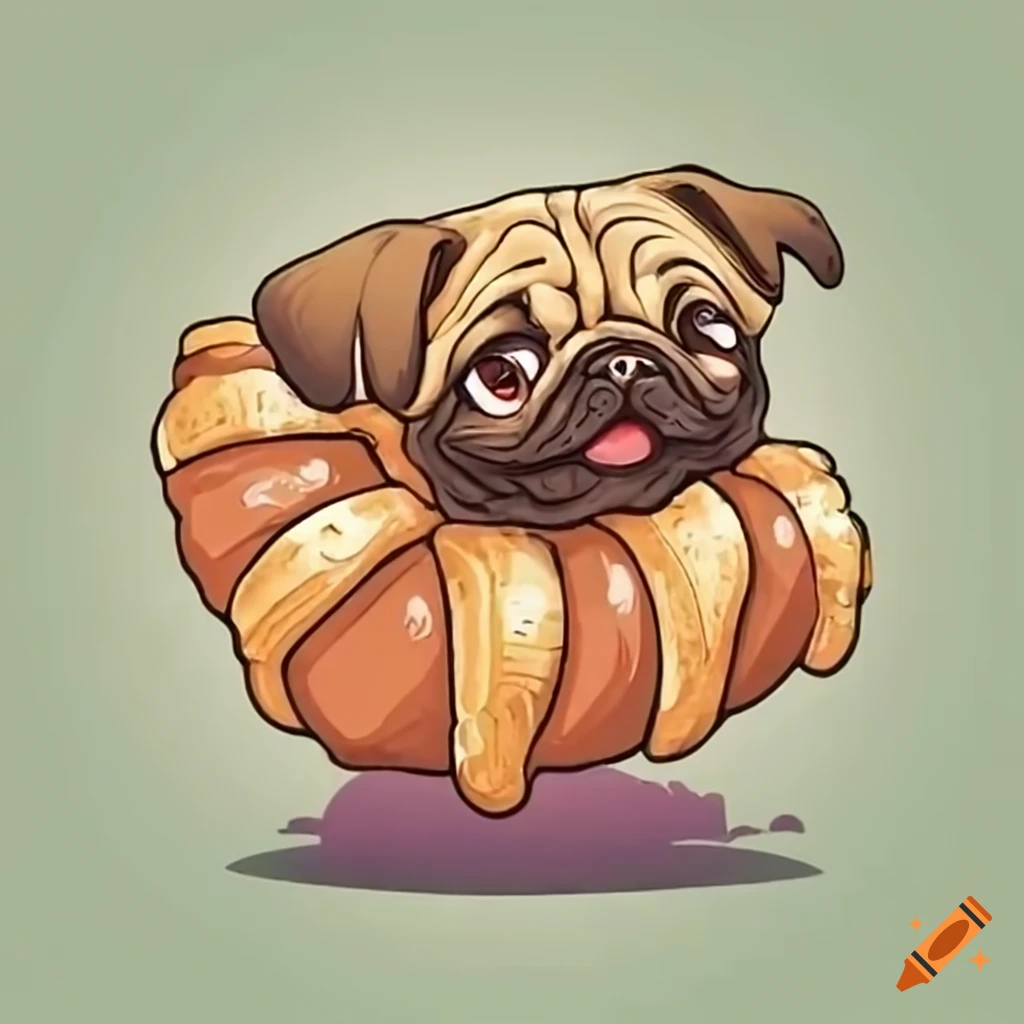 Adorable smiling pug behind a huge croissant