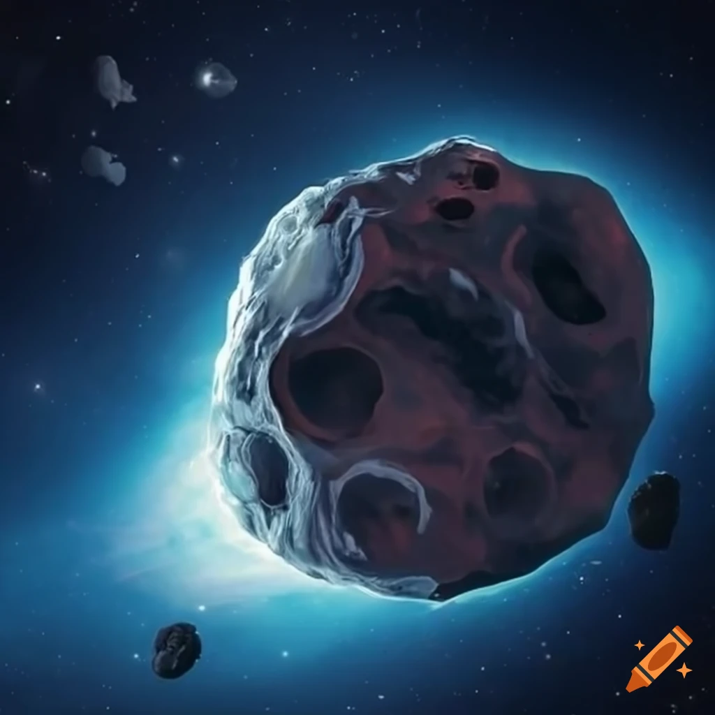 Illustration of spaceship battling asteroids in interstellar war