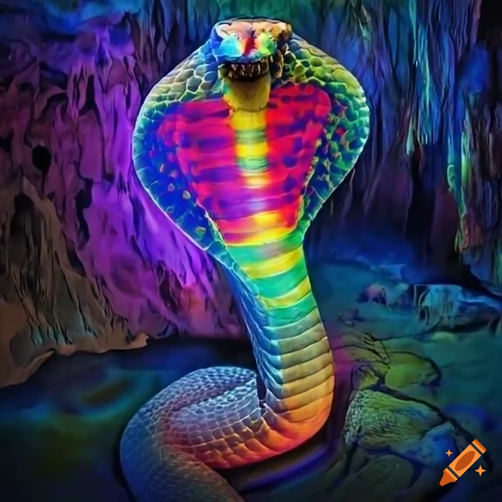 Colorful cosmic cobra in a surrealistic prehistoric cavern on Craiyon