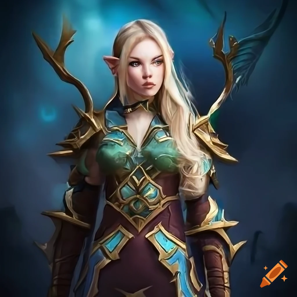 Confident high-elf ranger in a moonlit photo-session on Craiyon