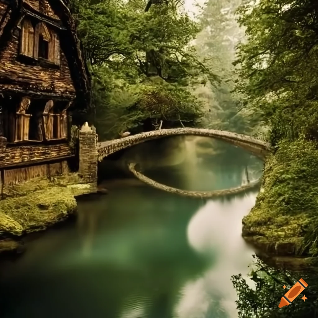 Enchanting view of Rivendell village with trees and water on Craiyon