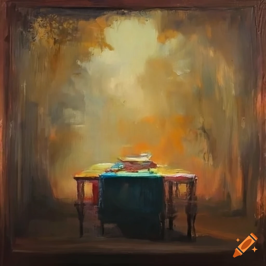 Muted landscape with mysterious, colorful objects on a table on Craiyon